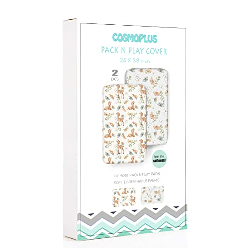 COSMOPLUS Stretch Pack n Play Sheets 2 Pack, Mini Crib Sheets Sets Fitted Pack and Play Sheets Playard Sheets Ultra Stretchy Soft,Butterfly Deer