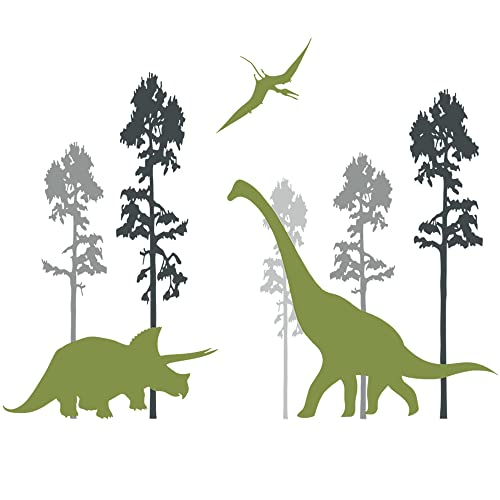 Giant Green Dinosaur Wall Decals Jungle Black Tree Wall Stickers DIY Removable Big Pin Trees Dinosaurs Nature Forest Wall Art Decor for Kids Teens Bedroom Living Room Nursery Playroom Decoration DT-67