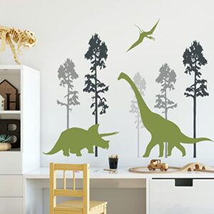 Giant Green Dinosaur Wall Decals Jungle Black Tree Wall Stickers DIY Removable Big Pin Trees Dinosaurs Nature Forest Wall Art Decor for Kids Teens Bedroom Living Room Nursery Playroom Decoration DT-67