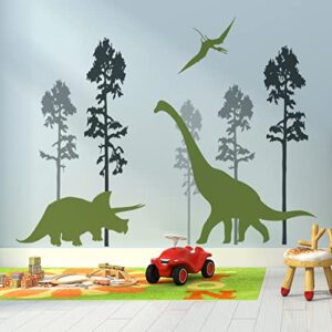 Giant Green Dinosaur Wall Decals Jungle Black Tree Wall Stickers DIY Removable Big Pin Trees Dinosaurs Nature Forest Wall Art Decor for Kids Teens Bedroom Living Room Nursery Playroom Decoration DT-67