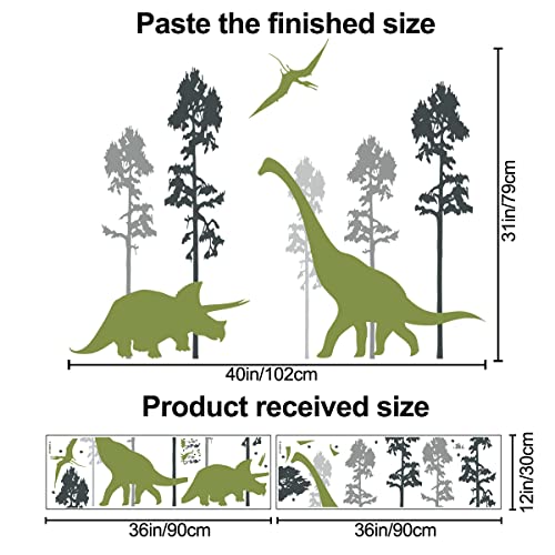 Giant Green Dinosaur Wall Decals Jungle Black Tree Wall Stickers DIY Removable Big Pin Trees Dinosaurs Nature Forest Wall Art Decor for Kids Teens Bedroom Living Room Nursery Playroom Decoration DT-67