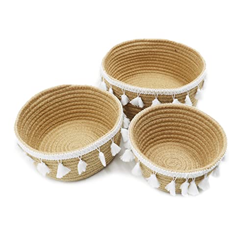 GIBZ Jute Storage Baskets with Tassel, Decorative Natural Round Basket Set Home Organizer for Bedroom, Nursery, Living Room, Bathroom White Set of 3