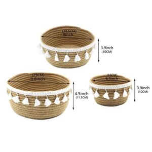 GIBZ Jute Storage Baskets with Tassel, Decorative Natural Round Basket Set Home Organizer for Bedroom, Nursery, Living Room, Bathroom White Set of 3