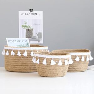 GIBZ Jute Storage Baskets with Tassel, Decorative Natural Round Basket Set Home Organizer for Bedroom, Nursery, Living Room, Bathroom White Set of 3