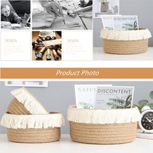 GIBZ Jute Storage Baskets with Tassel, Decorative Natural Round Basket Set Home Organizer for Bedroom, Nursery, Living Room, Bathroom White Set of 3