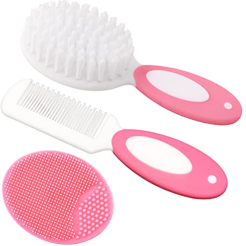 Baby Hair Brush, Cradle Cap Brush, Baby Hair Comb, Baby Hair Brush and Comb Set for Newborns & Toddlers, Baby Brush Soft Bristles, Ideal for Cradle Cap, Perfect Baby Registry Gift (Pink)