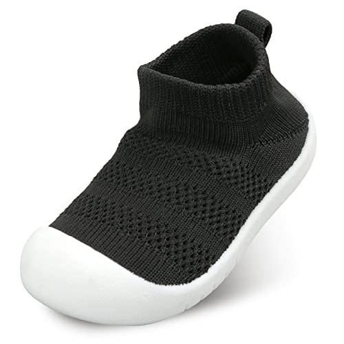 SEBELLST Baby Boy Girl Sneakers Toddler Infant First Walking Shoes Non-Skid Indoor Baby Sneakers Soft Sole Non Slip Cotton Mesh Breathable Lightweight Baby Shoes (Black, 9-12 Months)