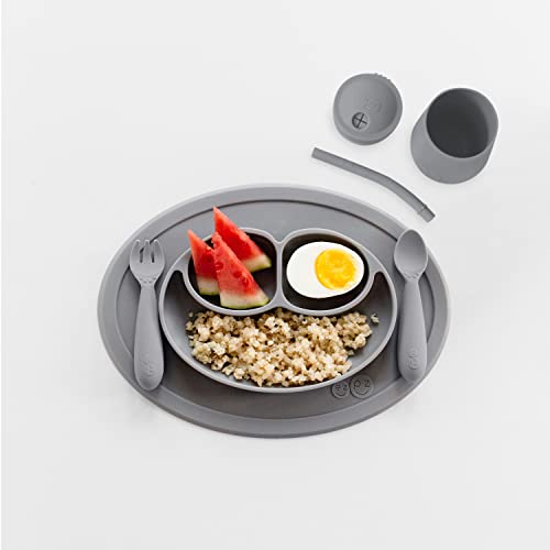 ez pz Mini Collection Set (Gray) - 100% Silicone Cup + Straw, Fork, Spoon & Mini Mat Suction Plate with Built-in Placemat for Infants + Toddlers - First Foods + Self-Feeding - 12 Months+