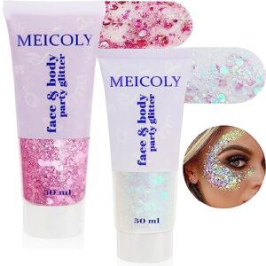 meicoly 2pcs face body glitter,singer concerts festival rave accessories,mermaid face glitter gel,sparkling sequins glitter face paint,chunky glitter for eye lip hair,100ml,white+pink