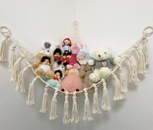 stuffed animal hammock macrame - toy hammock for stuffed animals - stuff animal organizer corner storage hanging fringe - stuffed animal display holder net tassels for nursery décor, white (th-003)