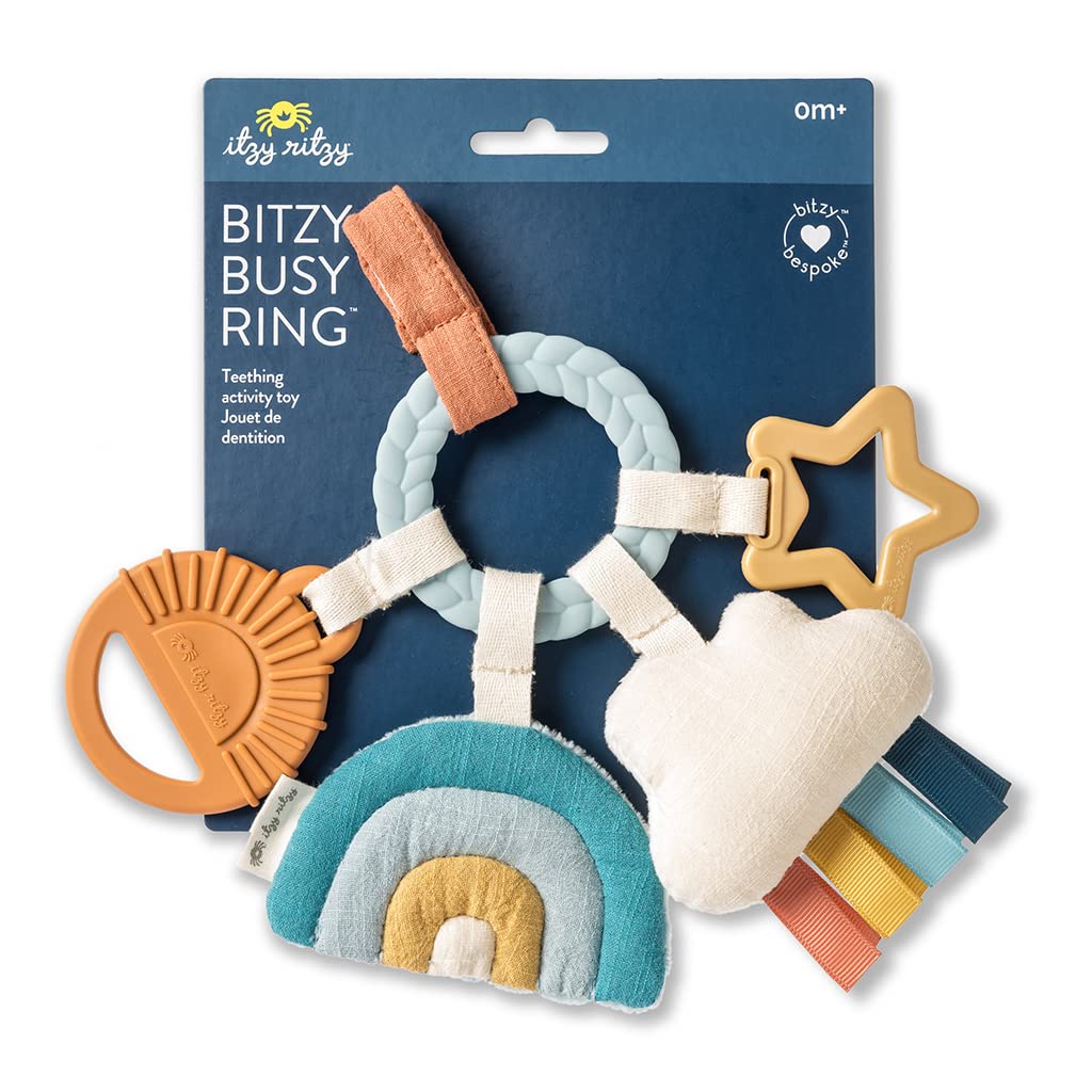 Itzy Ritzy Teething Activity Toy - Bitzy Busy Ring Features Braided Teething Ring and Dangling Toys; Includes Teether, Textured Ribbons, Crinkle Sound & Jingle Bell, Rainbow