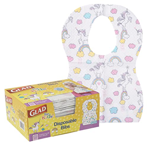 Glad for Kids Unicorns Paper Bibs, 30 Count | Disposable Paper Bibs with Cute Unicorns Design for Kids | Travel Bibs for Kids | Art & Craft Disposable Kids Bibs