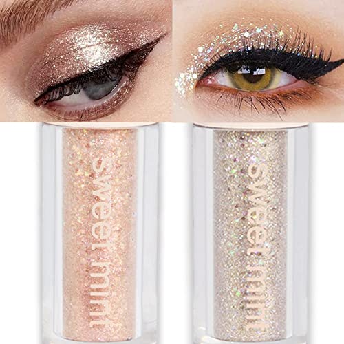 2Pcs Waterproof Crystal Liquid Glitter Eye Shadow Sticks.Quick-Drying Liquid Sparkling Silver Golden Eyeshadow Eyeliner Eyelid.Liquid Highlight Shimmer Eye Makeup Sparkly for Eyes,sombra de para ojos