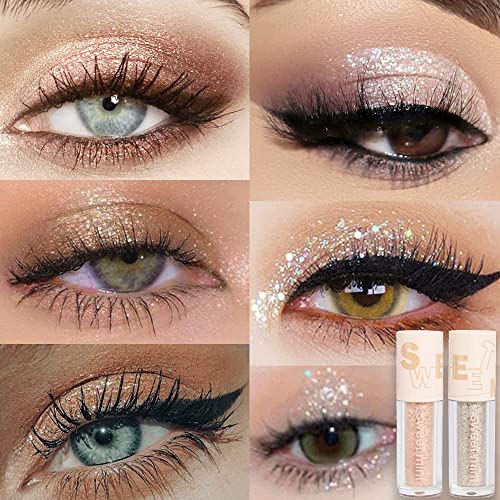 2Pcs Waterproof Crystal Liquid Glitter Eye Shadow Sticks.Quick-Drying Liquid Sparkling Silver Golden Eyeshadow Eyeliner Eyelid.Liquid Highlight Shimmer Eye Makeup Sparkly for Eyes,sombra de para ojos