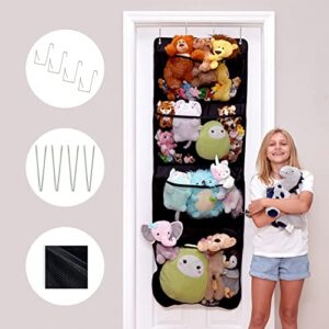 lilly's love over door stuffed animal toy storage hanging organizer | 4 expandable mesh net pockets, stores loads of plush toys | large plushie display for boys, girls | black (65" x 23")