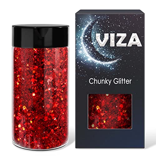 Viza Holographic Chunky Glitter 7.8oz/220g Xmas Red Craft Ultra Fine Glitter Powder Mixed Chunky PET Flake Sequin for Epoxy Resin Painting Arts Nail Hair Makeup Tumblers Slime Party Festival Decor