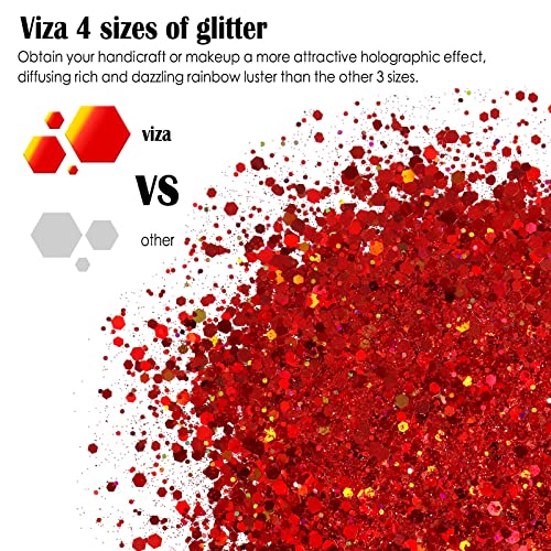 Viza Holographic Chunky Glitter 7.8oz/220g Xmas Red Craft Ultra Fine Glitter Powder Mixed Chunky PET Flake Sequin for Epoxy Resin Painting Arts Nail Hair Makeup Tumblers Slime Party Festival Decor