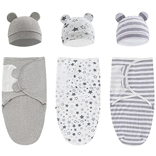 Baby Swaddle Sleep Sack with Hat Set for 0-3 Months 3-Pack Soft Cotton Newborn Wearable Swaddle Wrap for Girls Boys(Grey & Star & Stripe)