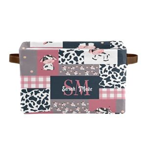 cow print patchwork custom storage basket ,personalized storage bins cubes organizer with handle for bedroom wardrobe,nursery,basket 1 pack