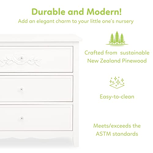 Sweetpea Baby Rose/Tiana Three Drawer Dresser in Ivory Lace, Made of Sustainable, Durable Pinewood, Easy to Assemble, Non-Toxic Finish, Wooden Nursery Furniture