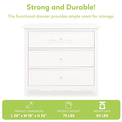 Sweetpea Baby Rose/Tiana Three Drawer Dresser in Ivory Lace, Made of Sustainable, Durable Pinewood, Easy to Assemble, Non-Toxic Finish, Wooden Nursery Furniture