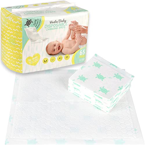 Vesta Baby Disposable Changing Pads - Pack of 65 Soft Absorbent Leak Proof Pee Mats - White Portable Diaper Change Underpads for Bed & Table Protection - 15 x 20" Waterproof Liners