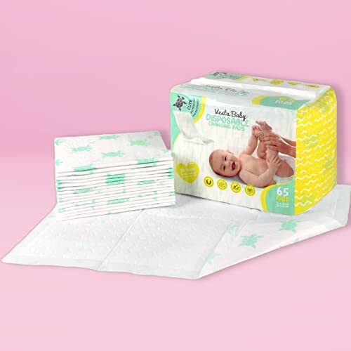 Vesta Baby Disposable Changing Pads - Pack of 65 Soft Absorbent Leak Proof Pee Mats - White Portable Diaper Change Underpads for Bed & Table Protection - 15 x 20" Waterproof Liners