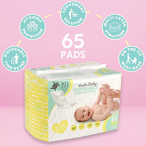 Vesta Baby Disposable Changing Pads - Pack of 65 Soft Absorbent Leak Proof Pee Mats - White Portable Diaper Change Underpads for Bed & Table Protection - 15 x 20" Waterproof Liners