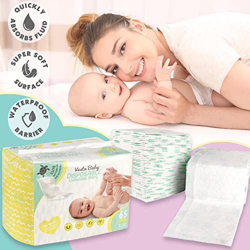 Vesta Baby Disposable Changing Pads - Pack of 65 Soft Absorbent Leak Proof Pee Mats - White Portable Diaper Change Underpads for Bed & Table Protection - 15 x 20" Waterproof Liners