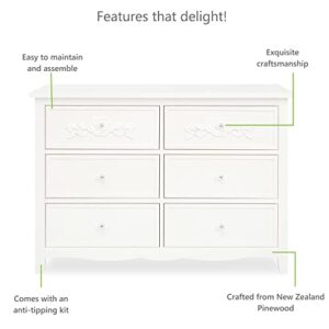 SweetPea Baby Rose/Tiana Double Dresser in French White, Made of Sustainable Pinewood, Easy to Assemble, Non-Toxic Finish, Six Spacious Drawers, Nursery Furniture