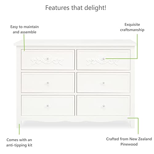 SweetPea Baby Rose/Tiana Double Dresser in French White, Made of Sustainable Pinewood, Easy to Assemble, Non-Toxic Finish, Six Spacious Drawers, Nursery Furniture