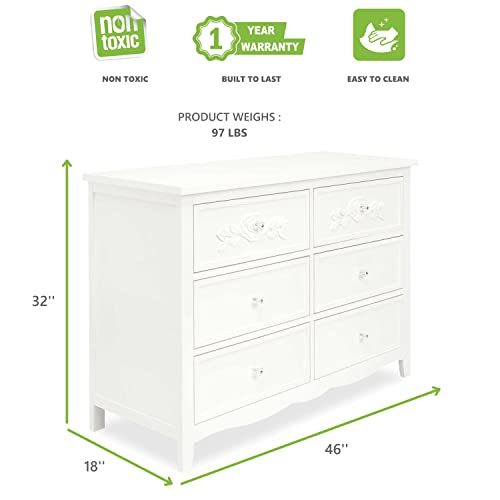 SweetPea Baby Rose/Tiana Double Dresser in French White, Made of Sustainable Pinewood, Easy to Assemble, Non-Toxic Finish, Six Spacious Drawers, Nursery Furniture