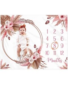 eunikroko floral boho baby monthly milestone blanket little girl bohemian photo prop blanket pampas grass ideas for newborn princess pink nursery décor 40" x 50"