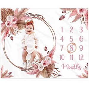 Eunikroko Floral Boho Baby Monthly Milestone Blanket Little Girl Bohemian Photo Prop Blanket Pampas Grass Ideas for Newborn Princess Pink Nursery Décor 40" X 50"