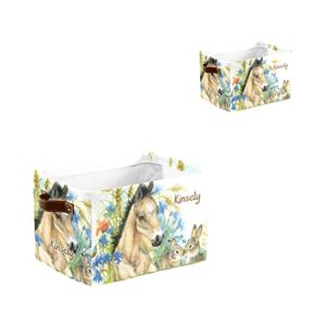 Cute Horse and Bunny Personalized Storage Basket ,Custom Storage Bins Cubes Organizer with Handle for Bedroom Wardrobe,Nursery,Basket 2 Pack