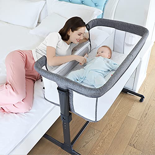 ANRRO Baby Bedside Bassinet,Bedside Sleeper Height Adjustable Portable Crib Easy Folding Kids Bed Side Sleeper for Newborn Infant