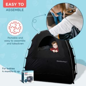 SlumberPod and Fan Combo Portable Privacy Pod Blackout Canopy Crib Cover, Sleeping Space for Age 4 Months and Up, Pack n Play Blackout Cover, Baby Travel Crib Canopy (Black/Grey)