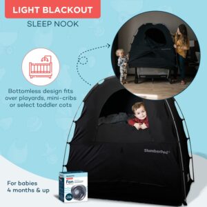 SlumberPod and Fan Combo Portable Privacy Pod Blackout Canopy Crib Cover, Sleeping Space for Age 4 Months and Up, Pack n Play Blackout Cover, Baby Travel Crib Canopy (Black/Grey)