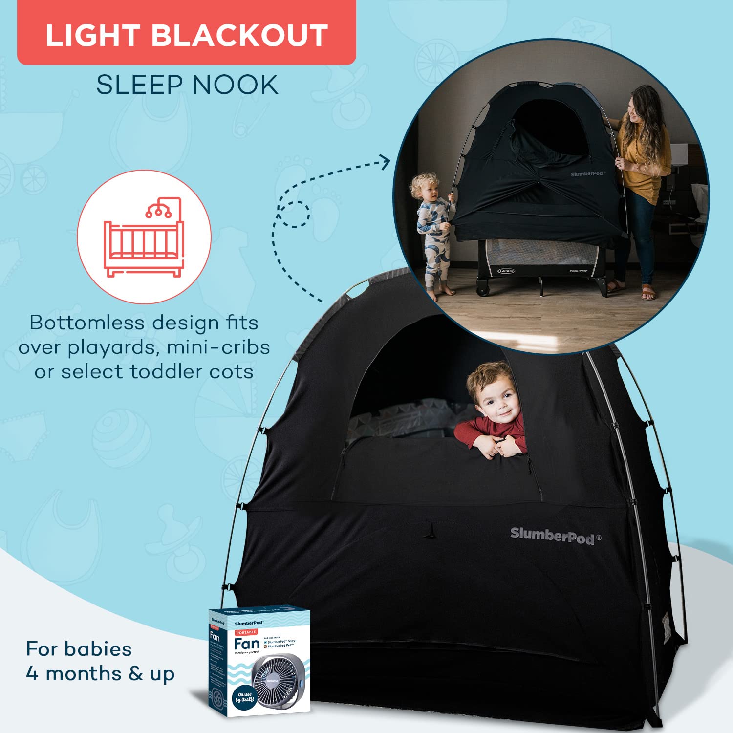 SlumberPod and Fan Combo Portable Privacy Pod Blackout Canopy Crib Cover, Sleeping Space for Age 4 Months and Up, Pack n Play Blackout Cover, Baby Travel Crib Canopy (Black/Grey)