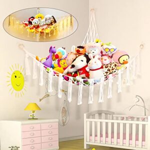 weraher toy hammock stuffed animals storage, hanging corner mesh for toy, macrame boho teddy bear storage with led light for boys girls for bedroom nursery playroom (white)