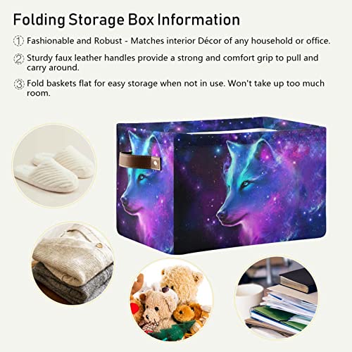 Starry Night Wolf Storage Basket Set of 1 Large Fabric Storage Basket Bins Box Cube with Handles Collapsible Closet Shelf Clothes Organizer Basket for Nursery Bedroom