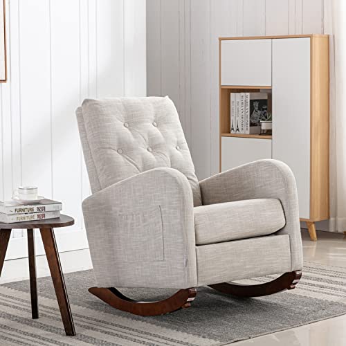 Rocking Chair Modern,Upholstered Glider Rocker Chair for Nursery,Comfy Armchair with Side Pocket for Living Room (Light Grey)