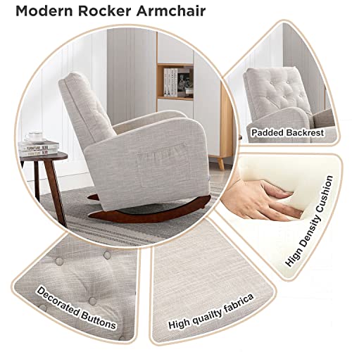 Rocking Chair Modern,Upholstered Glider Rocker Chair for Nursery,Comfy Armchair with Side Pocket for Living Room (Light Grey)