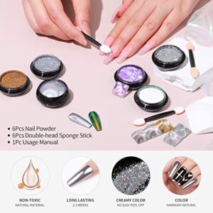 BORN PRETTY Chrome Powder Holographic Nail Art Powder Auroras Mermaid Pearl Nail Powder Reflective Glitter Manicure Pigment 6 Boxes