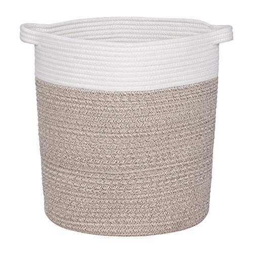 KEEGH Blanket Basket for Living Room 14" x 16" Decorative Cotton Rope Laundry Basket with Hanldes Tall Woven Hamper Floor Basket for Blankets Pillows Toys Towels, White & Brown