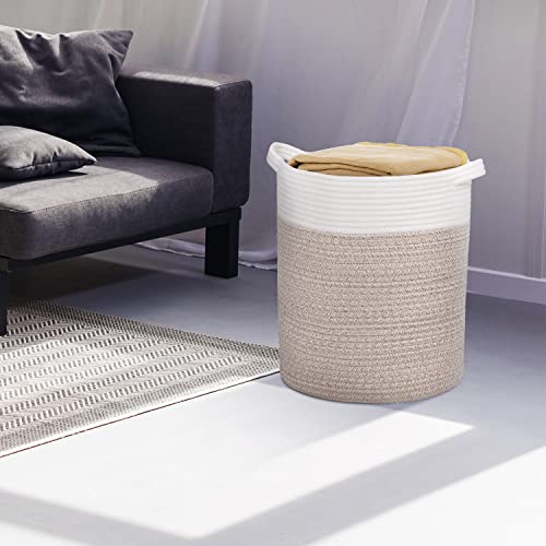 KEEGH Blanket Basket for Living Room 14" x 16" Decorative Cotton Rope Laundry Basket with Hanldes Tall Woven Hamper Floor Basket for Blankets Pillows Toys Towels, White & Brown