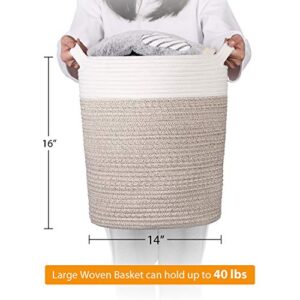 KEEGH Blanket Basket for Living Room 14" x 16" Decorative Cotton Rope Laundry Basket with Hanldes Tall Woven Hamper Floor Basket for Blankets Pillows Toys Towels, White & Brown