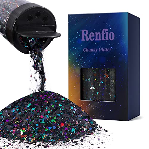 Renfio Holographic Chunky Glitter, 5.64 Oz 160g Extra Fine Glitter Powder Mixed Chunky PET Flake Sequins Bulk for Nail Art Resin Crafts Painting Festival Decor Slime Tumbler Candle - Laser Black