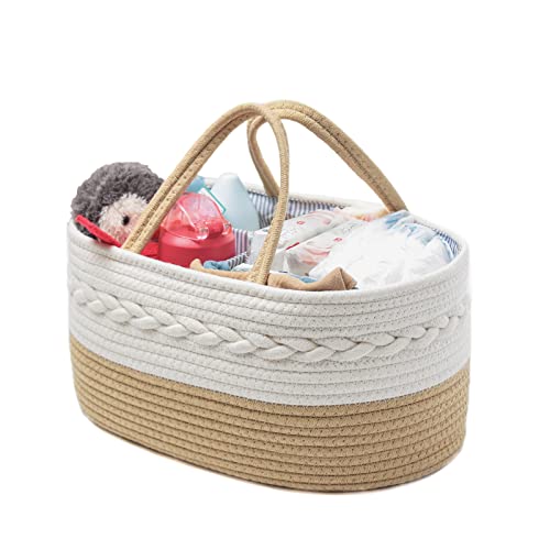 Yoe Gogh Baby Diaper Caddy Organizer, Rope Woven Nursery Storage Basket with Adjustable Divider, Portable Car Travel Diapers Organizer, Large Capacity Caddies (Khaki)