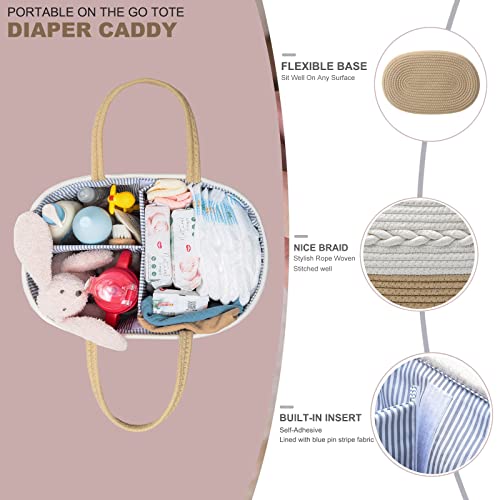 Yoe Gogh Baby Diaper Caddy Organizer, Rope Woven Nursery Storage Basket with Adjustable Divider, Portable Car Travel Diapers Organizer, Large Capacity Caddies (Khaki)